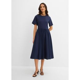 bonprix Midikleid aus reiner Baumwolle, blau, Gr.48, Kurz&auml;rmliges Midikleid aus Materialmix, aus 100% Baumwolle