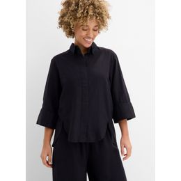 bonprix Hemdbluse aus k&uuml;hlendem Leinen-Mix, schwarz, Gr.52, Weit geschnittene Hemdbluse mit vorverlegten N&auml;hten und 3/4-Arm, aus Leinen,Viskose