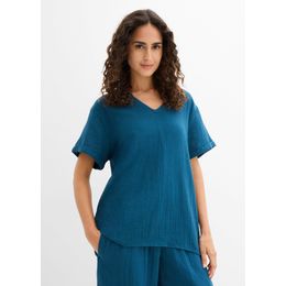 bonprix Shirt-Tunika aus softem Musselin, petrol, Gr.44, Shirt-Tunika mit &uuml;berschnittener Schulter, umgeklapptem &Auml;rmelbund und verl&auml;ngertem hinterem Saum, aus 100% Baumwolle,Musselin