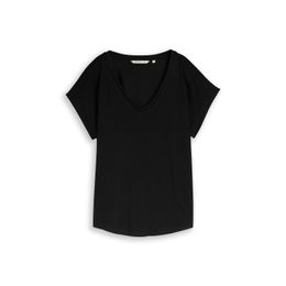 Tom Tailor Denim Damen T-Shirt mit V-Ausschnitt, schwarz, Uni, Gr. M