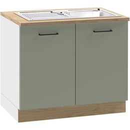 Sp&uuml;lenschrank KOCHSTATION "KS-Kolari", salbeigr&uuml;n, wei&szlig;, B:100,1cm H:88cm T:60cm, FSC-zertifizierter Holzwerkstoff, Schr&auml;nke, Sp&uuml;lenschrank, Ma&szlig;e (B/T/H): 100,1 x 60 x 88 cm