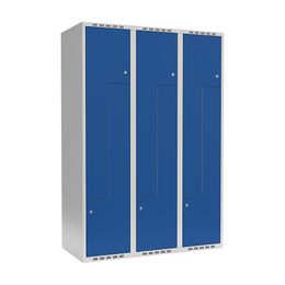 Z-Spind Fydor, 3 Abteile, lichtgrau / enzianblau, B 1200 mm, flache Dachform, Zylinderschloss kaiserkraft