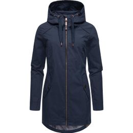 Outdoorjacke Ragwear "Mondda", Gr. XS (34), blau (navy), Obermaterial: 74% Baumwolle, 26% Nylon. Innenfutter: 100% Polyester, figurumspielend ca. Mitte Oberschenkel, hoch geschlossener Ausschnitt, &Auml;rmel ohne &Auml;rmelschlitz normaler Saum mit Druckknopf, Jacken Outdoorjacke, schicker Damen &Uuml;bergangsparka mit tollen Details