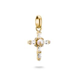 Charm Kreuz Thomas Sabo "Charm Vintage-Kreuz vergoldet - Connect", gelb (gelbgoldfarben, kristallwei&szlig;, wei&szlig;, kristallwei&szlig;), Charms, Damen, Silber 925 (recycelt), mit Zirkonia (synth.) - mit S&uuml;&szlig;wasserzuchtperle