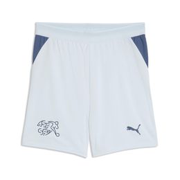 Sporthose Puma "Schweiz 2026 Shorts Jugendliche", M&auml;dchen, Gr. 128, Normalgr&ouml;&szlig;en, sea glass schwarz indigo blau, Obermaterial: 100% Polyester. Besatz: 12% Elasthan, 88% Polyester. Einsatz: 100% Polyester, bedruckt, regular fit, Hosen Sporthose