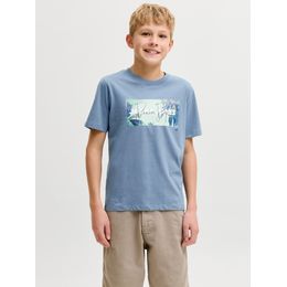 Jack & Jones T-Shirt JACK & JONES JUNIOR "JJINDIANA TEE SS CREW NECK JNR", Jungen, Gr. 128, blau mirage, Single Jersey, Obermaterial: 100% Baumwolle, bedruckt, regular fit normal, Rundhals, Shirts T-Shirt, Baumwolle, regular fit
