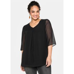 Chiffonbluse sheego, Damen, Gr. 48, schwarz, 100% Polyester, unifarben, V-Ausschnitt, Blusen Chiffonbluse