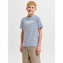 Jack & Jones T-Shirt JACK & JONES JUNIOR "JORCASSIS BRANDING TEE SS CREW NECK JNR", Jungen, Gr. 140, tradewinds, Single Jersey, Obermaterial: 100% Baumwolle, regular fit normal, Rundhals, Shirts T-Shirt, Baumwolle, normal geschnitten