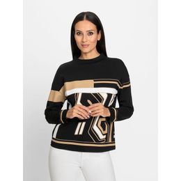 Langarmshirt Heine "Druck-Shirt", Damen, Gr. 38, gelb (schwarz, camel, bedruckt), 95% Baumwolle, 5% Elasthan, gemustert, mehrfarbig, Shirts Langarmshirt
