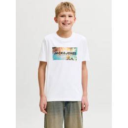 Jack & Jones T-Shirt JACK & JONES JUNIOR "JJINDIANA TEE SS CREW NECK JNR", Jungen, Gr. 152, hellwei&szlig;, Single Jersey, Obermaterial: 100% Baumwolle, bedruckt, regular fit normal, Rundhals, Shirts T-Shirt, Baumwolle, regular fit