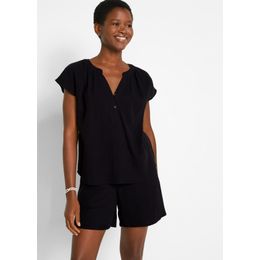 Shirtbluse bonprix "Musselin-Blusentop aus reiner Baumwolle", Damen, Gr. 36, schwarz, Web, Obermaterial: 100% Baumwolle, oversize normal, Rundhals, gerader Abschluss, Blusen, Oversize-Passform, mit V-Ausschnitt, aus Baumwolle