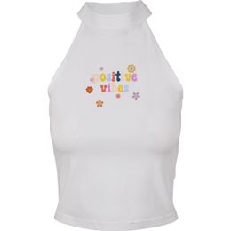 Muskelshirt MISS TEE "Miss Tee Damen Positive Vibes Turtleneck Short Top", Damen, Gr. L, wei&szlig;, 95% Baumwolle, 5% Elasthan, bedruckt, slim fit, Racerback, Shirts