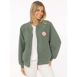 Bomberjacke Zwillingsherz "Good Vibes", Damen, Gr. L, salbei, Boucl&eacute;, Obermaterial: 100% Polyester, unifarben, taillenbedeckt, ohne Ausschnitt, Rippb&uuml;ndchen, Jacken Bomberjacke, gro&szlig;e Herzen auf dem R&uuml;cken