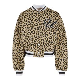 Strickfleecejacke Urban Classics "Urban Classics Damen Ladies AOP Oversized College Sweat Jacket", Damen, Gr. L, unionbeigeleo, schwarz, 65% Baumwolle, 35% Polyester, mehrfarbig, oversize, Rundhals, Jacken