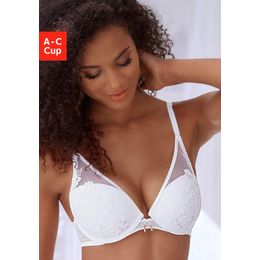 Push-up-BH Lascana "Maria", Damen, Gr. 70, Cup B, wei&szlig; (uni wei&szlig;), Netz, Obermaterial: 66% Polyamid, 32% Polyester, 2% Elasthan, BHs Push-up-BH, mit bunten Blumen aus Stickereispitze, im High-Apex Design, Dessous
