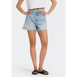 Jeansshorts BOSS Orange "SHORTS Premium Damenmode", Damen, Gr. 26, N-Gr, bright blau 432, Denim/Jeans, Obermaterial: 100% Baumwolle, Destroyed-Effekte, kurz, Jeans Jeansshorts, mit dezenter Used-Optik, High Rise