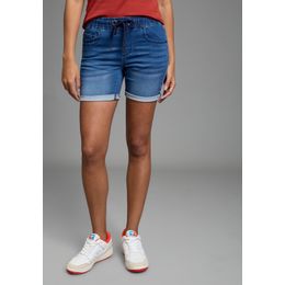 Jeansshorts Arizona, Damen, Gr. 50, N-Gr, dunkelblau used, Denim/Jeans, Obermaterial: 59% Baumwolle, 40% Polyester, 1% Elasthan, unifarben, figurbetont kurz, Jeans Jeansshorts, figurnah, normale Leibh&ouml;he, mit Bindeb&auml;ndern am Bund