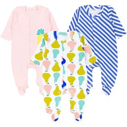 Strampler TUPTAM "Schlafstrampler Baby M&auml;dchen Schlafstrampler mit Fu&szlig; 3er Pack", Jungen, Gr. 50, N-Gr, blau (blau aprikose streifen fr&uuml;chte), Obermaterial: 100% Baumwolle CO., Overalls