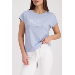 T-Shirt monari "Shirt Basic Schmuck", Damen, Gr. 42, hellblau, Web, Obermaterial: 50% Baumwolle, 50% Modal, unifarben, regular fit taillenbedeckt, Rundhals, eingesetzt abgesteppte Kante, Shirts T-Shirt, Regular fit mit Strasssteinen