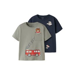 T-Shirt name it "NMMVILIAN 2P SS NREG TOP", Jungen, Gr. 122/128, shadow pack:navy blazer, Jersey, Obermaterial: 100% Baumwolle, bedruckt, unifarben, Basic normal, Rundhals, Shirts T-Shirt