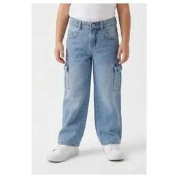 Cargojeans KIDS Only "KOGHARMONY WIDE CARGO CARROT PIM NOOS", M&auml;dchen, Gr. 158, N-Gr, blau (light blau denim), Denim/Jeans, Obermaterial: 100% Baumwolle, Abriebeffekte, weit kn&ouml;chellang, Jeans