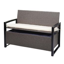 Poly-Rattan 2er Sitzbank MCW-F39, Gartenbank Truhenbank, Staufach Aufbewahrung Sitzkissen ~ grau-meliert, Kissen creme