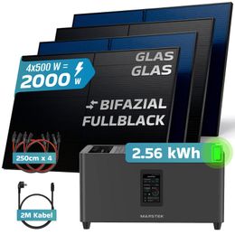 SUNNIVA&reg; 2000W Balkonkraftwerk mit 2,56 kWh Speicher MARSTEK Jupiter C + Plus, BIFAZIAL FULLBLACK komplett Steckdose, PV Solaranlage Komplettset mit Solarspeicher, 4x 500W N-Type Glas Bifacial