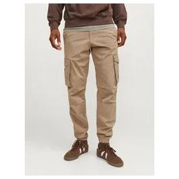 Jack & Jones Cargohose JACK & JONES "JPSTKANE NOAH CUFFED CARGO NOOS", Herren, Gr. XS, N-Gr, e.wood, Web, Obermaterial: 98% Baumwolle, 2% Elasthan, unifarben, relaxed fit kn&ouml;chellang, Hosen Cargohose