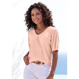 Lascana Plisseeshirt peach Gr. 36/38 f&uuml;r Damen. Mit V-Ausschnitt. L&auml;ssig Geschnitten. Nachhaltig.