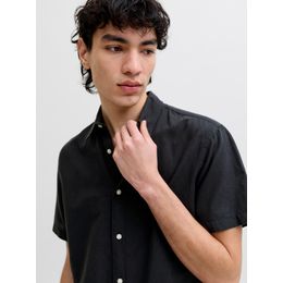 Jack & Jones Kurzarmhemd JACK & JONES "JJEBREEZE LINEN BLEND SHIRT S/S SN", Herren, Gr. L, N-Gr, schwarz, Web, Obermaterial: 70% Baumwolle, 30% Leinen, unifarben, normal, Hemden, mit Leinen