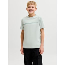 Jack & Jones T-Shirt JACK & JONES JUNIOR "JCOFUSION CHEST BRAND TEE SS CN JNR", Jungen, Gr. 128, aqua gray, Single Jersey, Obermaterial: 58% Polyester, 42% Baumwolle, bedruckt, regular fit normal, Rundhals, Shirts T-Shirt, Materialmix, regular Fit, Kurzarm