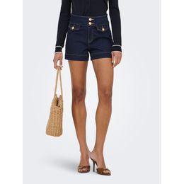 Jeansshorts Only "ONLEMILIA HW GOLD BUT DNM SHORTS NOOS", Damen, Gr. L, N-Gr, dunkelblau denim, Denim/Jeans, Obermaterial: 91% Baumwolle, 7% Polyester, 2% Elasthan, unifarben, regular fit kurz, Jeans Jeansshorts, Materialmix, regular fit, High Waist