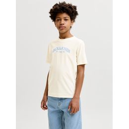Jack & Jones T-Shirt JACK & JONES JUNIOR "JORCASSIS BRANDING TEE SS CREW NECK JNR", Jungen, Gr. 128, antique wei&szlig;, Single Jersey, Obermaterial: 100% Baumwolle, bedruckt, regular fit normal, Rundhals, Shirts T-Shirt, Baumwolle, normal geschnitten