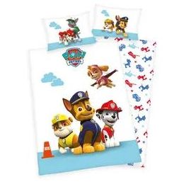 Kinderbettw&auml;sche PAW PATROL "Dogs", wei&szlig; (wei&szlig;, blau), B/L: 100cm x 135cm, 1 Stk., 1 Stk., Renforc&eacute;, B/L: 60cm x 40cm, 2 Stk., Renforc&eacute;, Obermaterial: 100% Baumwolle, Bettw&auml;sche, mit Hunden