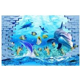Fototapete papermoon "3D DESIGN-DELFIN IM MEER", bunt, B:3m L:2,23m, Vlies, Tapeten