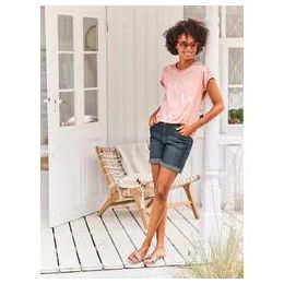 Rundhalsshirt Heine "Shirt", Damen, Gr. 46, beige (puder), 50% Baumwolle, 50% Viskose, Spitze:77% Baumwolle, 23% Polyamid, gemustert, Rundhals, Shirts Rundhalsshirt