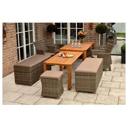 Garten-Essgruppe Merxx "Toskana", beige (natur, natur, natur), Polyester, Aluminium, Kunststoff, Massivholz, Polyester, Sitzm&ouml;bel-Sets, 4 Sessel, 2x 3er Sitzbank, 2x Hocker, inkl. Sitzkissen, Ausziehtisch