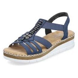 Riemchensandale Rieker, Damen, Gr. 42, blau (jeansblau), Lederimitat, Schuhe Riemchensandale, Sommerschuh, Sandalette, Keilabsatz, mit modischen Schmuckelementen