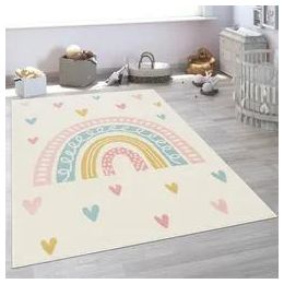 Kinderteppich Paco Home "Nino 887", beige (creme), B:160cm H:13mm L:220cm, Polypropylen, Teppiche, Kinderteppich, Kurzflor, Spielteppich, Motiv Regenbogen & Herzen, Kinderzimmer