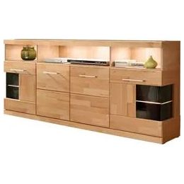 Sideboard OTTO HOME "RIBE20 Fronten massiv,Korpus Melamin, 2 T&uuml;ren mit Glaseinsatz", beige (kernbuchefarben), B:180cm H:80cm T:35cm, Holz teilmassiv, Sideboards, Sideboard, B/T/H: 180/35/80cm,3offene F&auml;cher u 6geschlossene,Teilmassiv Kernbuche