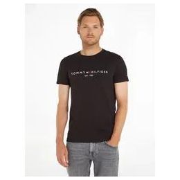 T-Shirt Tommy Hilfiger "TOMMY FLAG HILFIGER TEE", Herren, Gr. L (52), schwarz (jet schwarz), Single Jersey, Obermaterial: 100% Baumwolle, bestickt, unifarben, normal h&uuml;ftbedeckend, Rundhals, abgesteppte Kante, Shirts T-Shirt, aus Bio-Baumwolle, Regular Fit