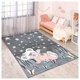 Kinderteppich Carpet City "ANIME916", grau, B:120cm H:11mm L:160cm, Polypropylen (PP), Teppiche, Kinderteppich, Kinderzimmer Teppich Modern mit Mond, Blumen, Wolken, Creme, Multi