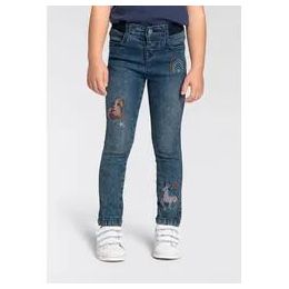 Stretch-Jeans Kidsworld "Basic Jeans mit toller Stickerei", M&auml;dchen, Gr. 92, N-Gr, blau (blau, denim), Denim/Jeans, Obermaterial: 98% Baumwolle, 2% Elasthan, bedruckt, mehrfarbig, eng lang, Jeans, schmale Beinform, mit verstellbarem Gummizug am Bund, lang