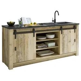 Sp&uuml;lenschrank Home Affaire "Sherwood", braun (old style hell dekor), B:201cm H:93cm T:64cm, Holzwerkstoff, Schr&auml;nke, Sp&uuml;lenschrank, Breite 201 cm, mit Scheunentorbeschlag aus Metall