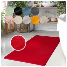 Badematte Carpet City "Topia Mats, Badteppich uni", rot, H:14mm, Polyester, Badematten, Badematte, Hochflor, Kaninchen Haptik, Polyester, Badezimmerteppich, waschbar