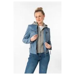 Lederjacke Mauritius "NOLA", Damen, Gr. S (36), blau, Obermaterial: 100% Schafsleder. Futter: 100% Baumwolle. Kapuze: 52% Baumwolle, 48% Polyester. &Auml;rmelfutter: 100% Polyester, unifarben, sehr figurbetont kurz, Rundhals, 2-Naht-&Auml;rmel mit Rei&szlig;verschluss, Jacken, Two-in-One Style - mit abnehmbarer Jersey-Kapuze, Topseller