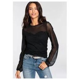 Langarmshirt Melrose, Damen, Gr. 42, schwarz, Spitze, Obermaterial: 95% Polyester, 5% Elasthan. Futter: 95% Viskose, 5% Elasthan. Spitze: 95% Polyester, 5% Elasthan, unifarben, tailliert h&uuml;ftlang, mit innenliegendem Gummizug, Shirts Langarmshirt, taillierte Passform, aus Netzstoff, mit Viskosefutter, mit Spitze