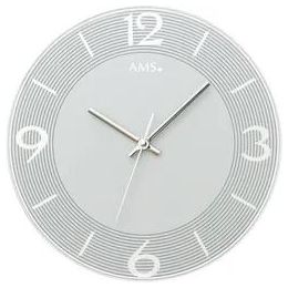 Wanduhr AMS "W9571", silber (silberfarben), Wanduhren, B/H/L: 3cm, Wanduhr, Quarzuhr,Glas,Wohnzimmer,Esszimmer,K&uuml;che,Arbeitszimmer,B&uuml;ro, Flur