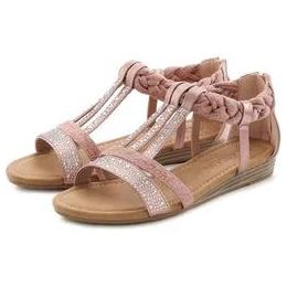 Sandale Lascana "Sommerschuh, Sandalette", Damen, Gr. 43, rosa (rose), Obermaterial: 100% Lederimitat. Decksohle: 100% Lederimitat. Futter: 100% Lederimitat. Laufsohle: 100% Lederimitat, Glitzer, unifarben, Basic, Schuhe Sandale, mit Glitzersteinen und kleinem Keilabsatz im Festival-Look VEGAN