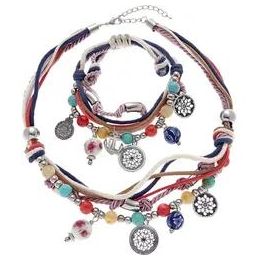 Schmuckset Lascana "Bettlerarmband und Halsketten Set", bunt (blau, rot, wei&szlig;, rot, wei&szlig;), Schmuck_Sets, Baumwolle, Metall, bunt, Schmuckset Halskette Armband, Mit vielen kleinen Anh&auml;ngern